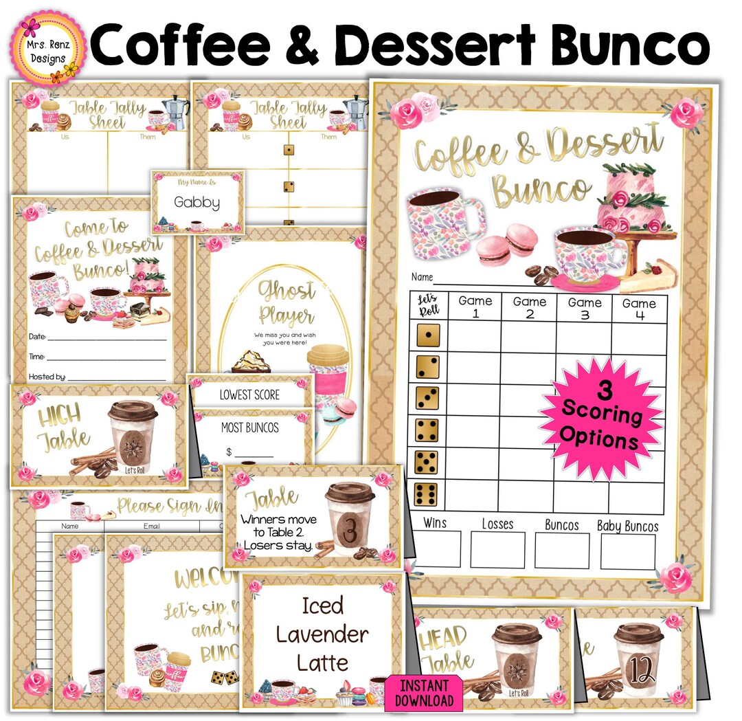Coffee & Dessert Bunco Party Bundle: Score Sheets, Table Numbers (PDF ...