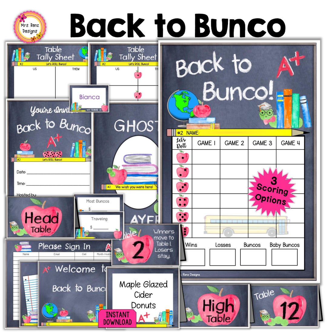 Back to School Bunco Party Printables: Score Cards, Invitations (PDF ...