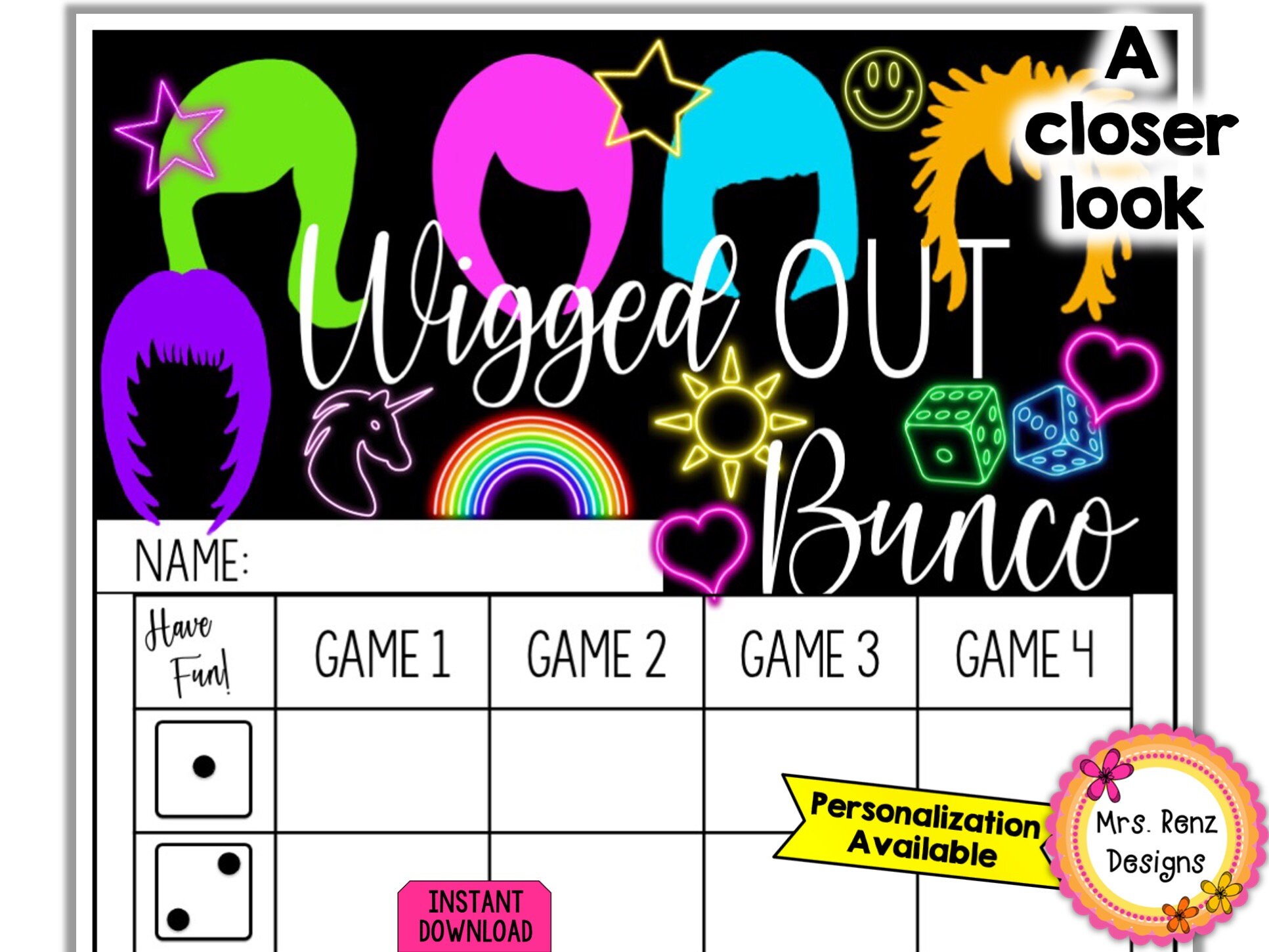 Wigged Out Bunco Score Cards Party Bundle: Neon Theme (PDF Download) - Etsy