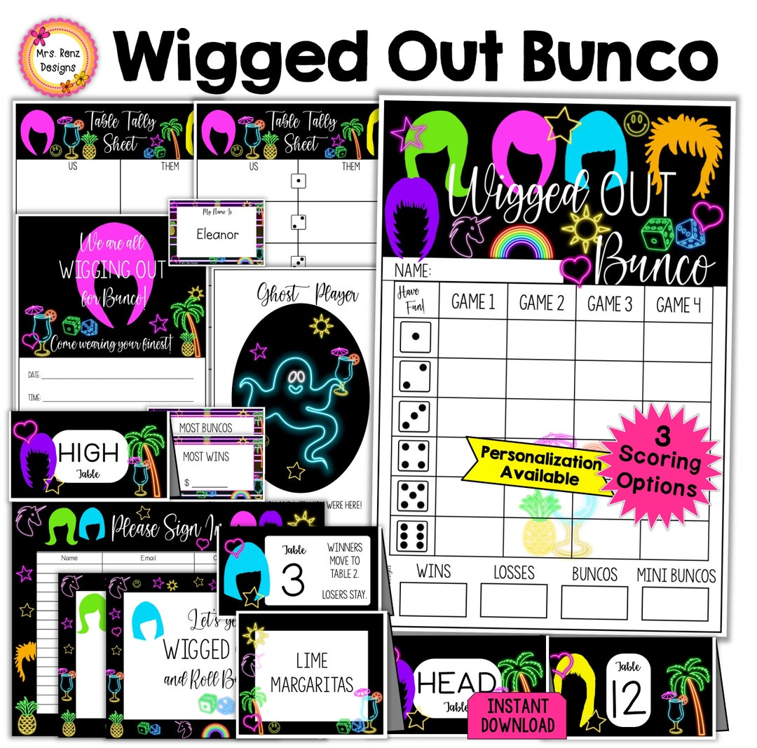 Wigged Out Bunco Bundle 27pgs Wig Themed Scorecards Tally Sheets Table ...