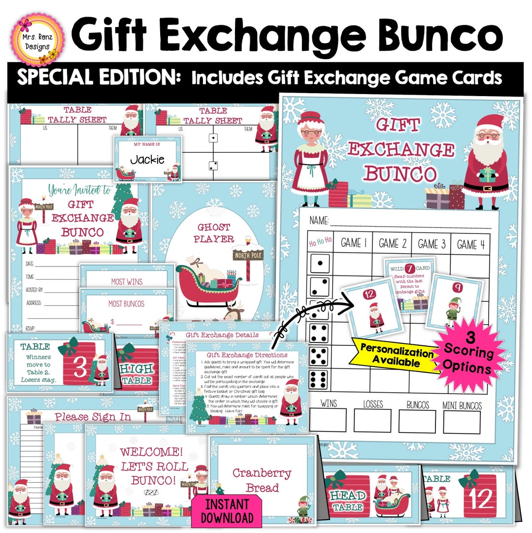 Christmas Gift Exchange Bunco Bundle 37pgs Bunco Scorecards Tally ...