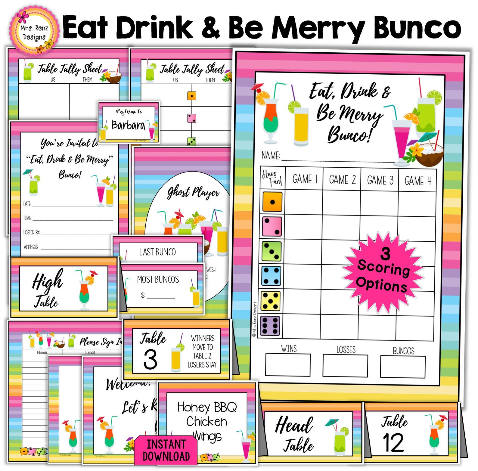 Cocktails Bunco Party Printables: Score Cards, Invitations (digital ...