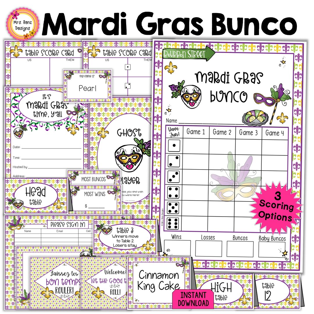 Mardi Gras Bunco Bundle Mardi Gras Bunco Scorecards Tally Sheets Table ...