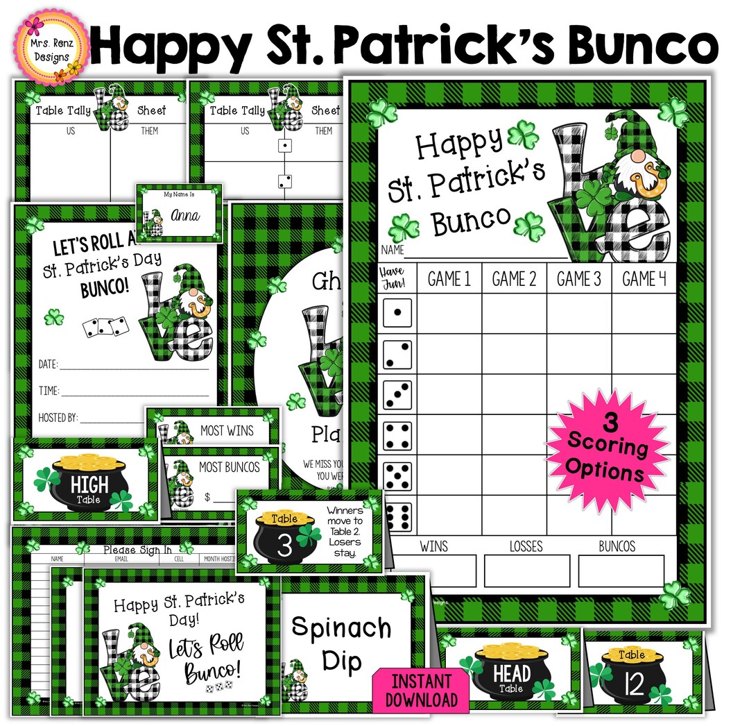 St Patricks Gnome Bunco Bundle March Bunco Score Cards Table Tally ...
