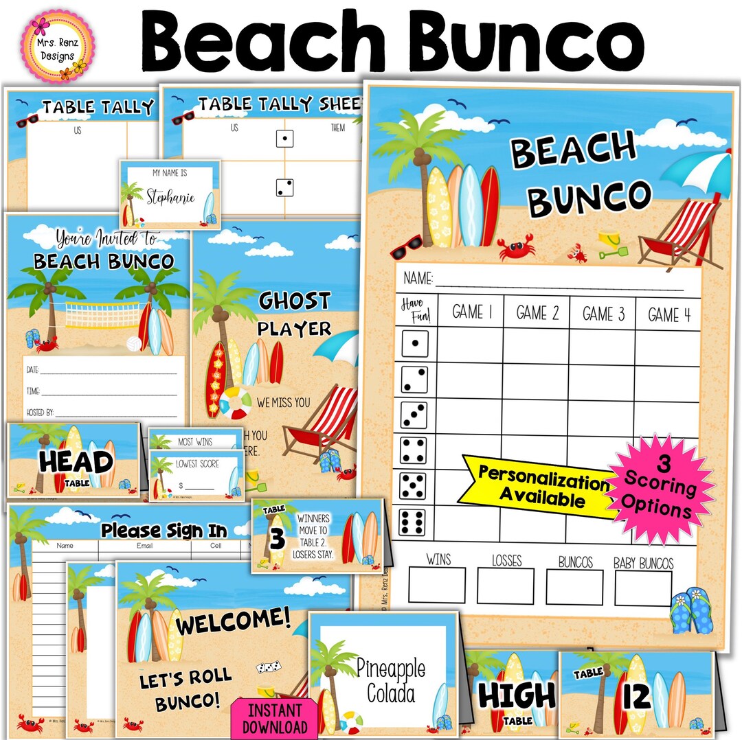 Beach Bunco Bundle 27pgs Summer Surfing Theme Scorecards Tally Sheets ...