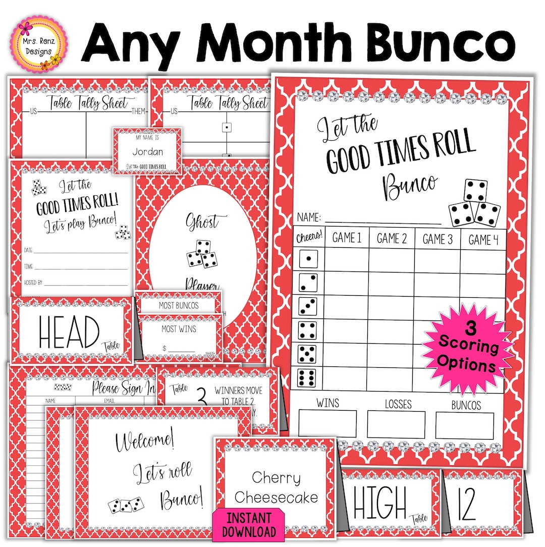 Bunco Bundle for Any Month Bundle Red Score Cards Tally Sheets ...