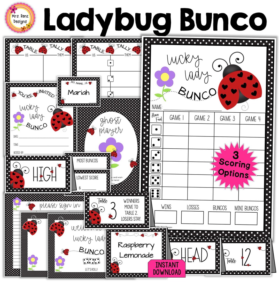 Ladybug Bunco Scorecards Tally Sheets Invitations Welcome Signs Name ...