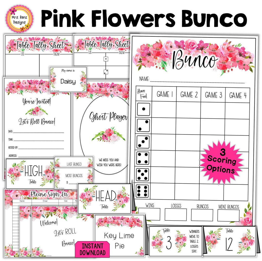 Pink Flowers Bunco Bundle of Floral Pink Bunco Score Cards Tally Sheets ...