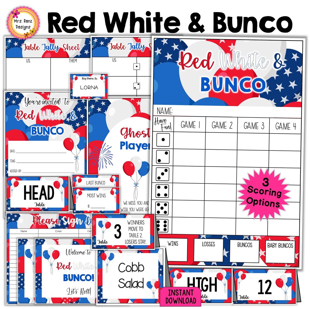 Patriotic Balloons Red White and Blue Bunco Bundle Scorecards Tally ...