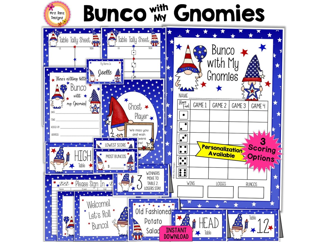 Patriotic Gnomes Bunco Bundle 27pgs July Bunco Scorecards - Etsy