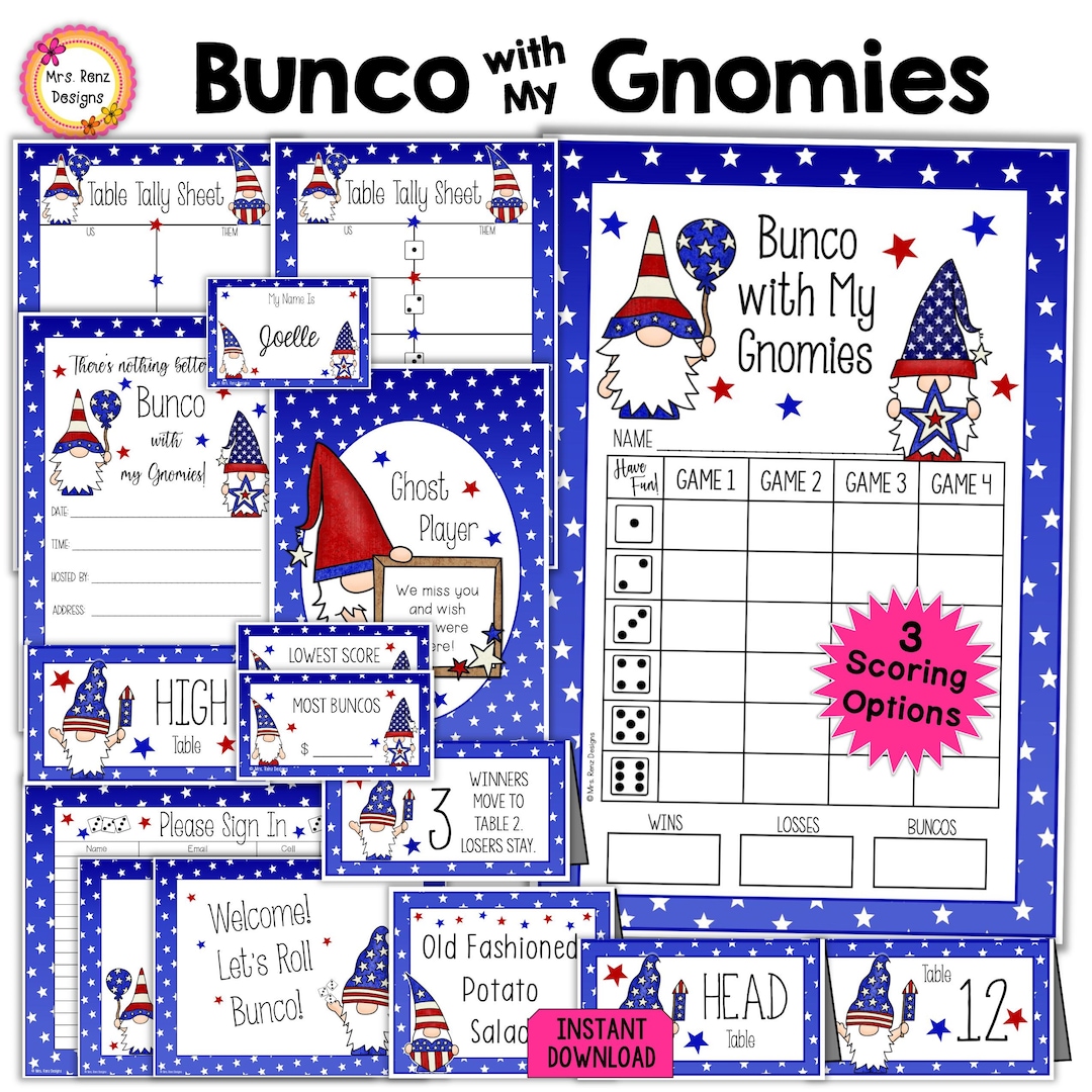 Patriotic Gnomes Bunco Scorecards Party Bundle (digital Download) - Etsy
