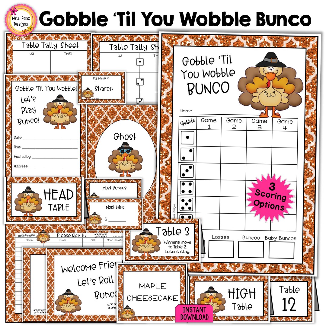 Thanksgiving Bunco November Bunco Score Cards Tally Sheets Table ...
