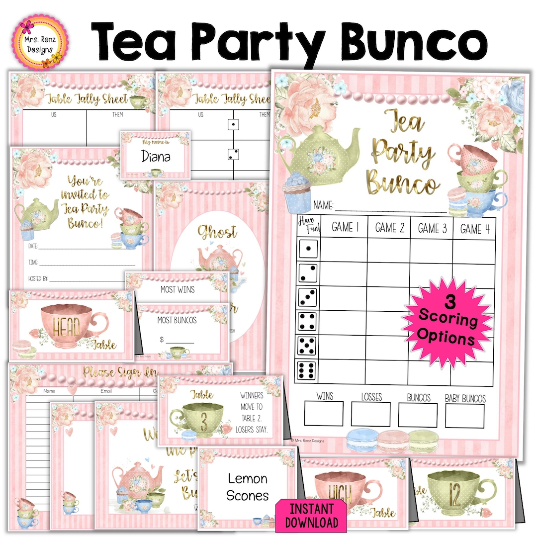 Tea Party Bunco Scorecards Tally Sheets Table Numbers W Moving ...