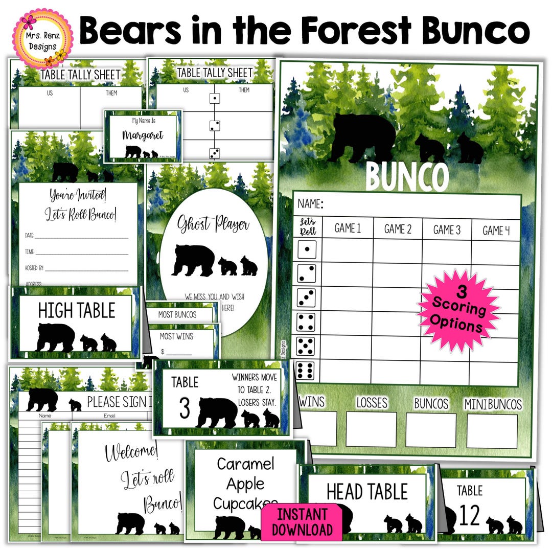 Forest Bear Bunco Party Kit: Score Sheets, Invitations, Table Numbers ...