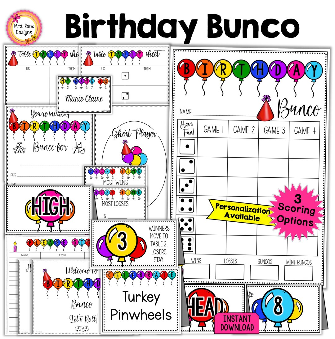 Birthday Bunco Bundle 27pgs Bunco Scorecards Tally Sheets Table Numbers ...