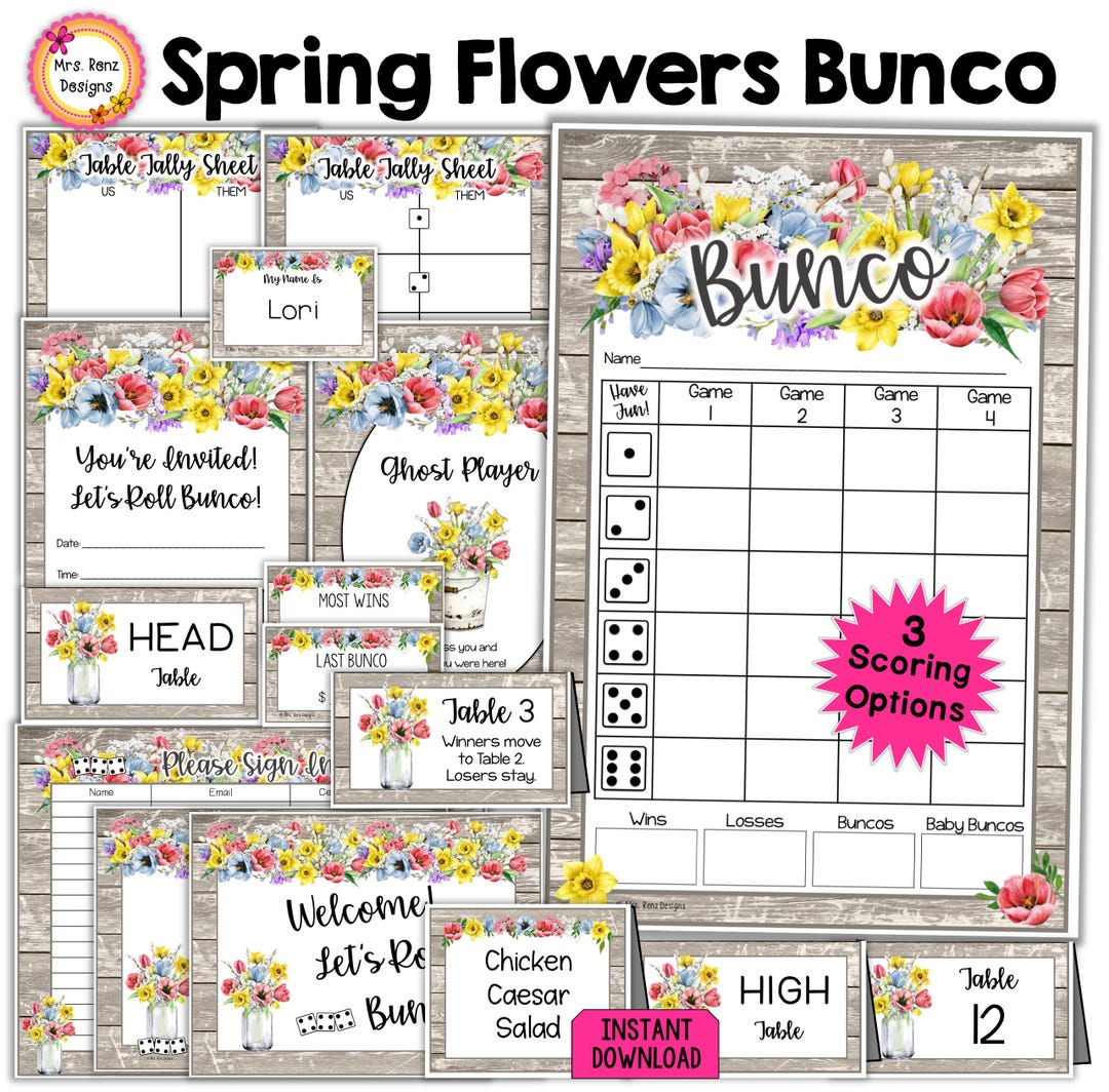 Spring Flowers Bunco Party Bundle: Score Cards, Invitations (PDF ...