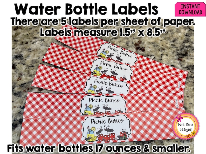 Picnic Bunco Water Bottle Wrappers: Summer Party Labels (printable PDF ...