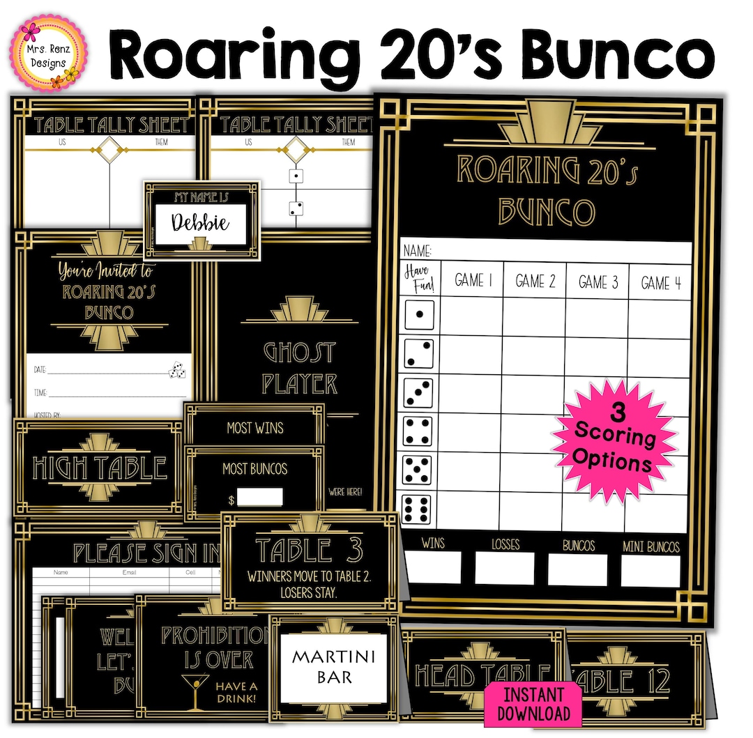 Roaring 20s Gatsby Themed Bunco Party Kit Scorecards Tally Sheets Table ...