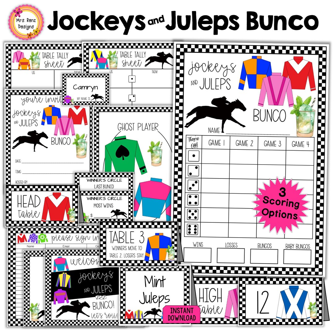 Jockeys and Juleps Bunco 27pgs Horserace Bunco Scorecards Tally Sheets ...