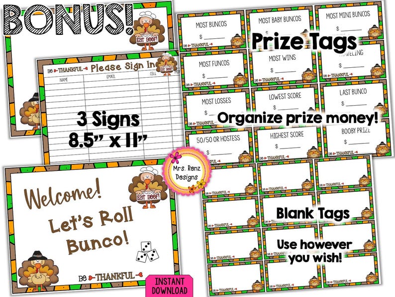 Thanksgiving Bunco Party Printables: Score Cards, Invitations (PDF ...