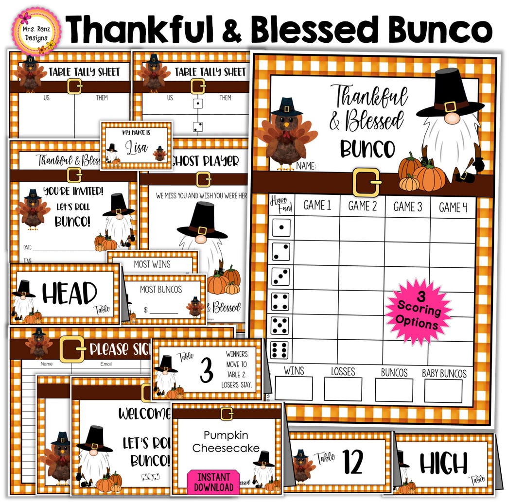 Thanksgiving Bunco Bundle Score Cards Tally Sheets Invitations Name ...