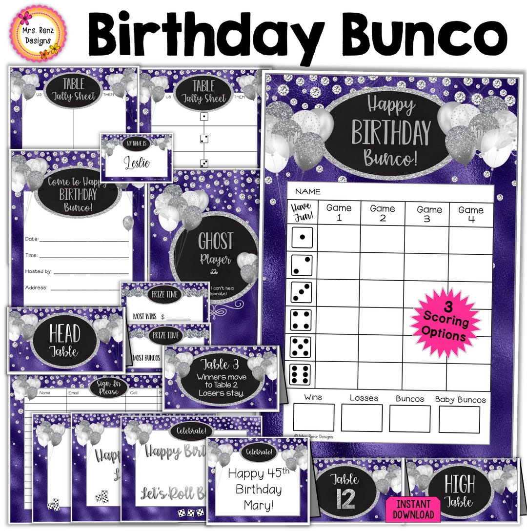 Birthday Bunco Scorecards Party Bundle: Purple & Silver Decorations ...