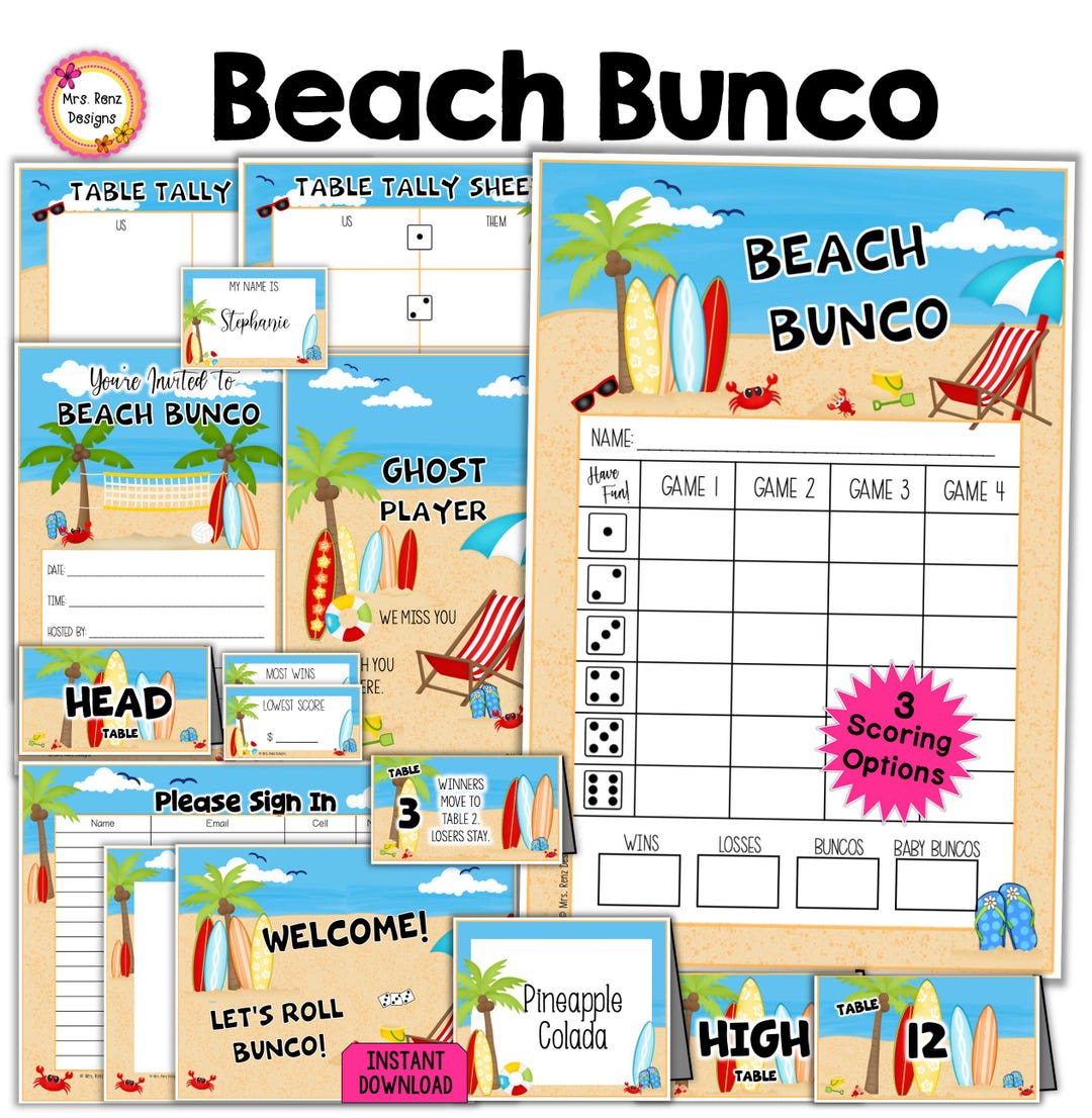Beach Bunco Scorecards Party Bundle: Summer Surfing Theme (PDF Download ...