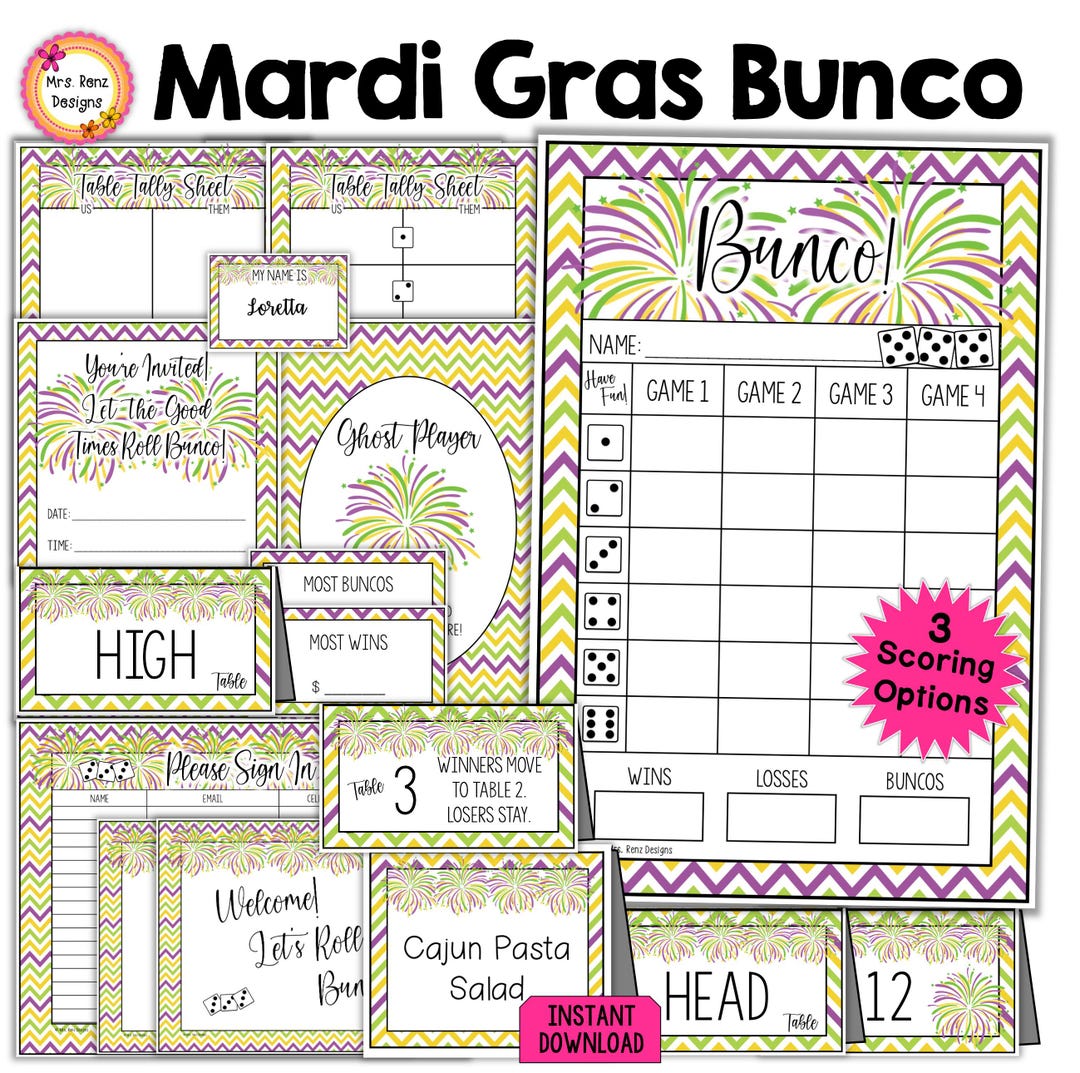 Mardi Gras Bunco Bundle of Scorecards Tally Sheets Invitations Table ...