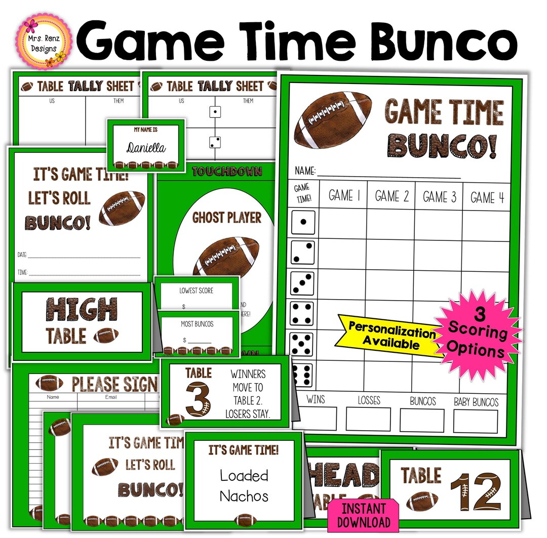 Football Bunco Bundle of Scorecards Tally Sheets Table Numbers W Moving ...