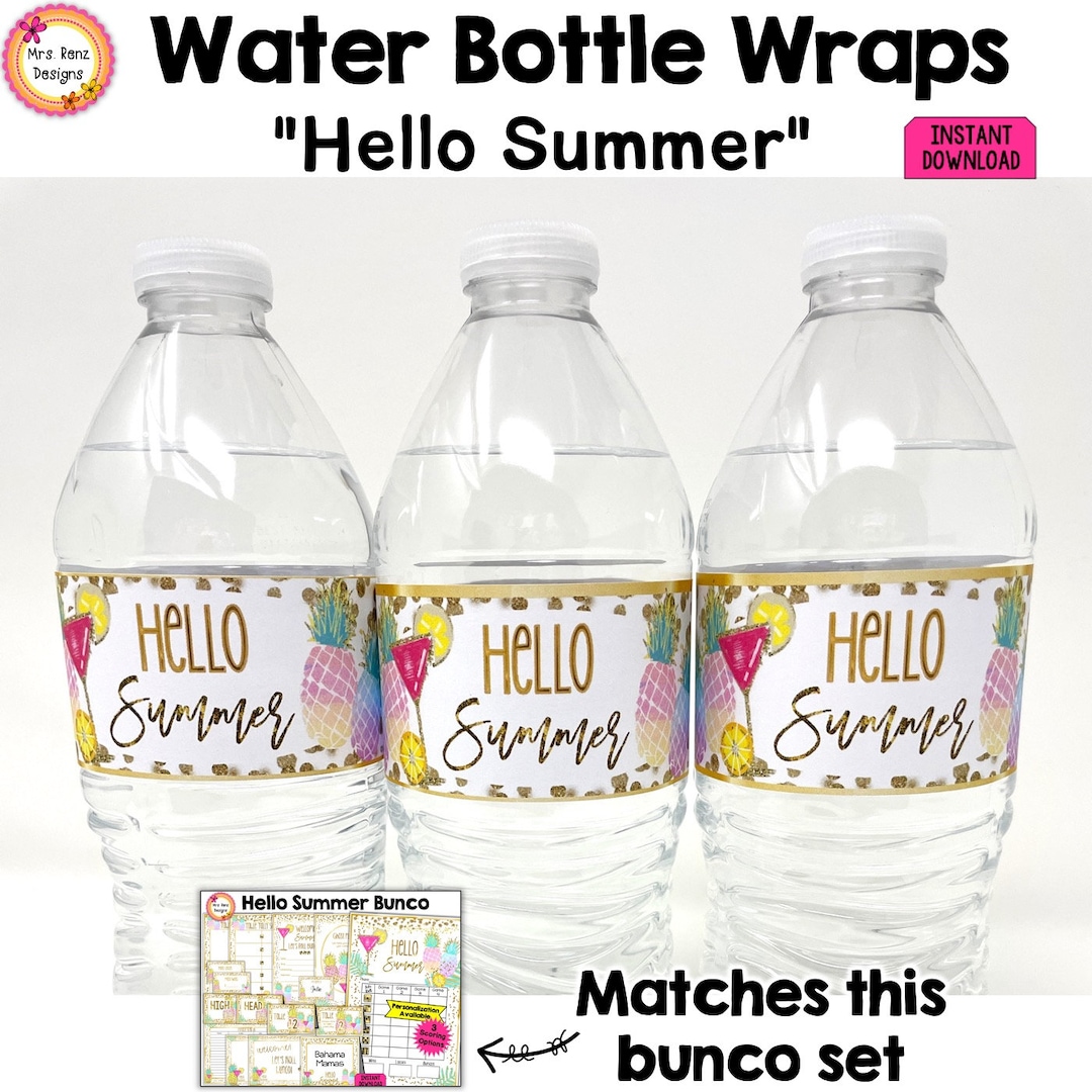 Hello Summer Water Bottle Labels: Gold Pineapple Wrappers (digital ...