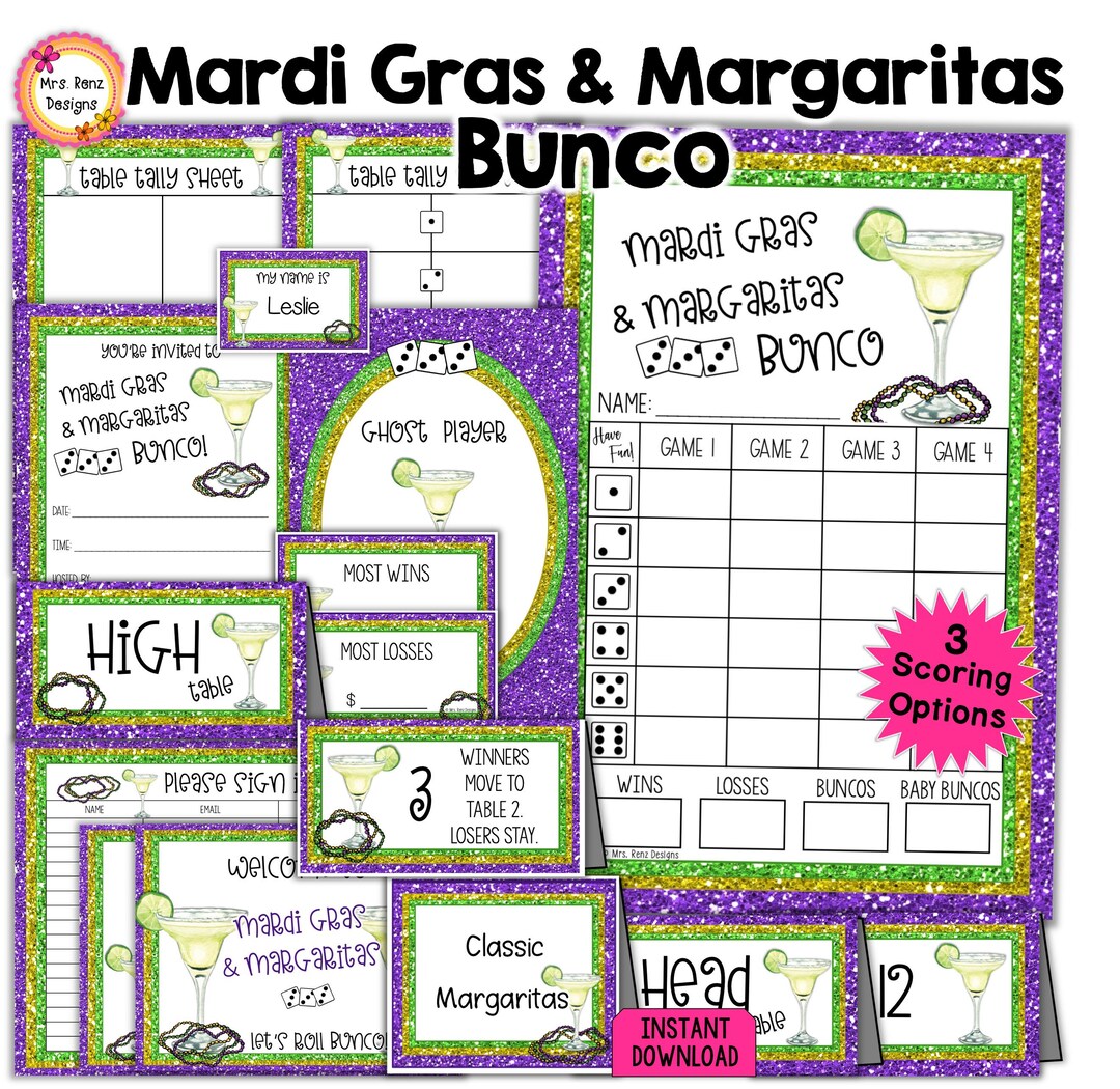 Mardi Gras & Margaritas Bunco Bundle of Scorecards Tally Sheets Table ...