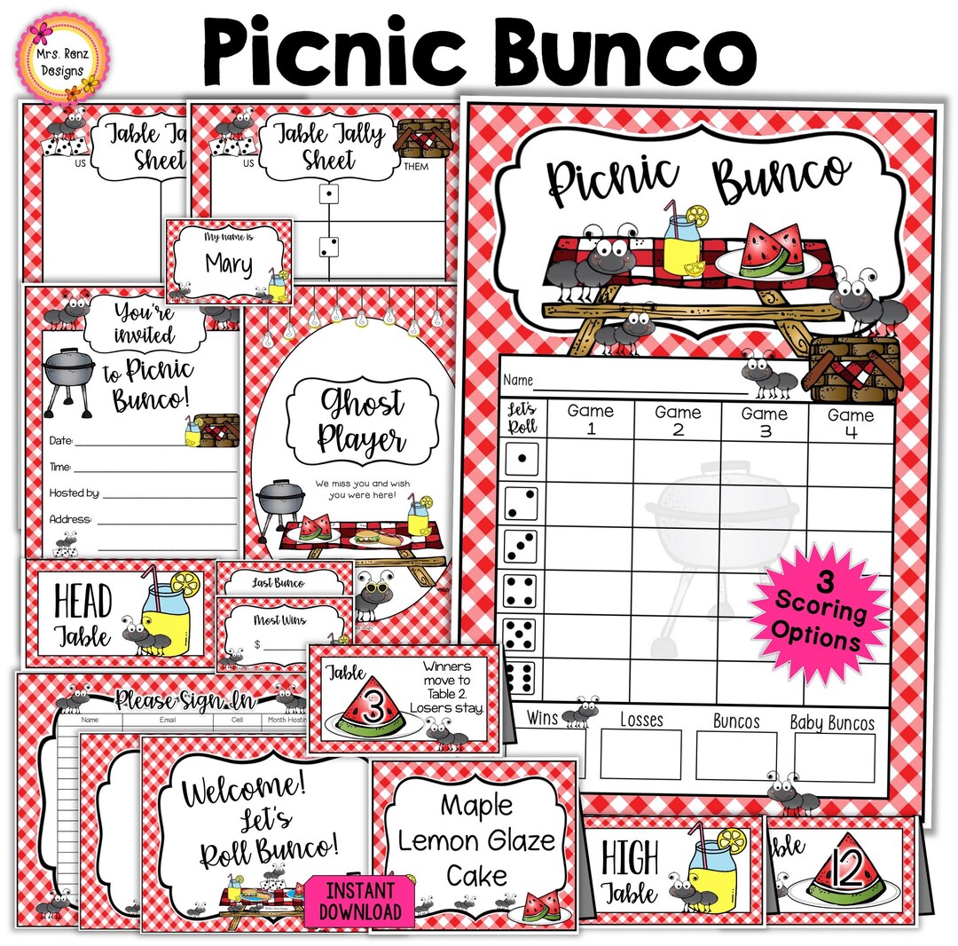 Summer Bunco BUNDLE Picnic Bunco Score Cards Table Tally Sheets Table ...