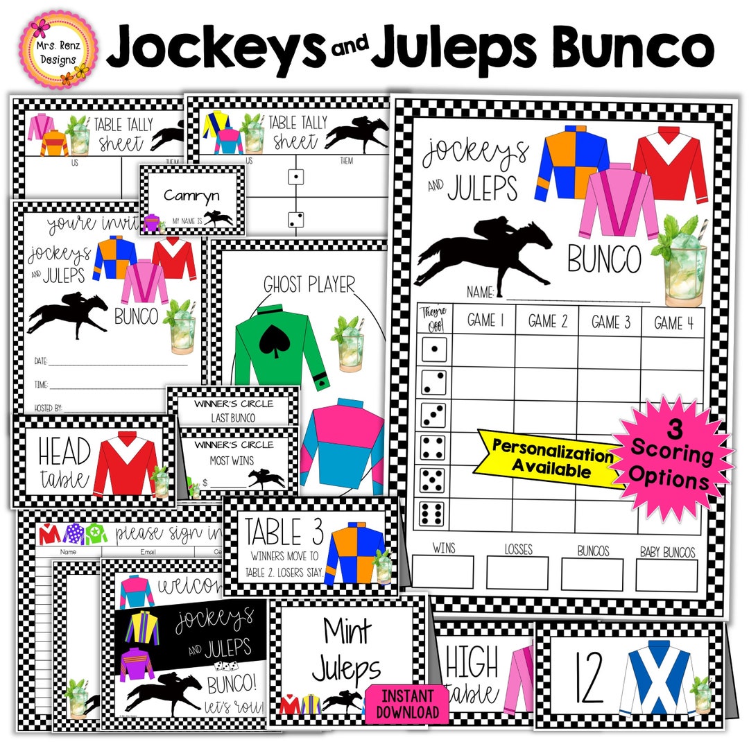 Jockeys and Juleps Bunco 27pgs Horserace Bunco Scorecards Tally Sheets ...
