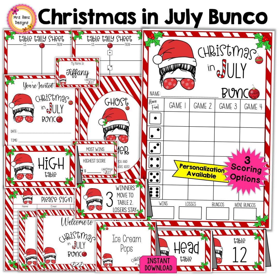 Christmas in July Bunco Bundle 27pgs Bunco Scorecards Tally Sheets ...