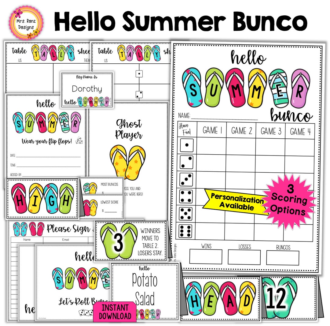 Flip Flops Summer Bunco 27pgs Bunco Scorecards Tally Sheets Table ...