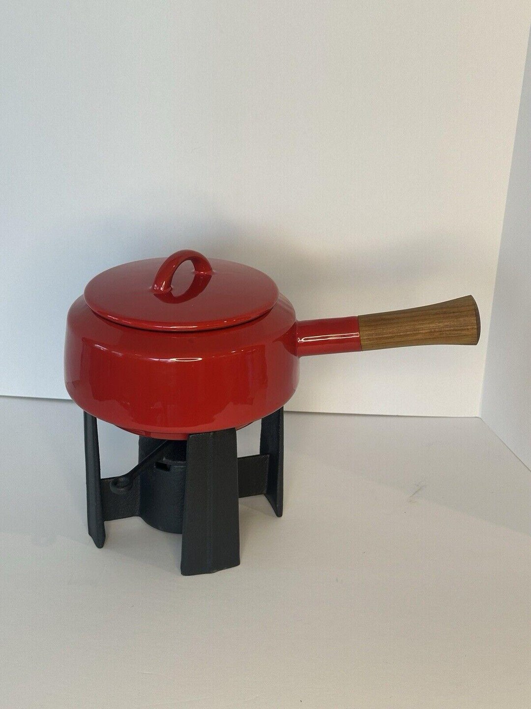 DANSK Bistro Enamel Red FONDUE Pot Set Complete Cast Iron Burner NEW in ...