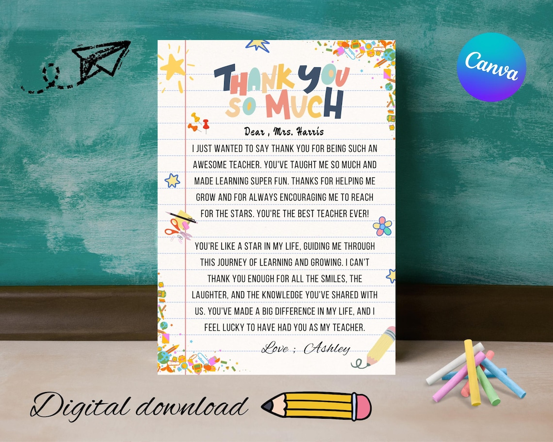 Teacher Appreciation Letter | Digital Download | Editable | Teacher ...