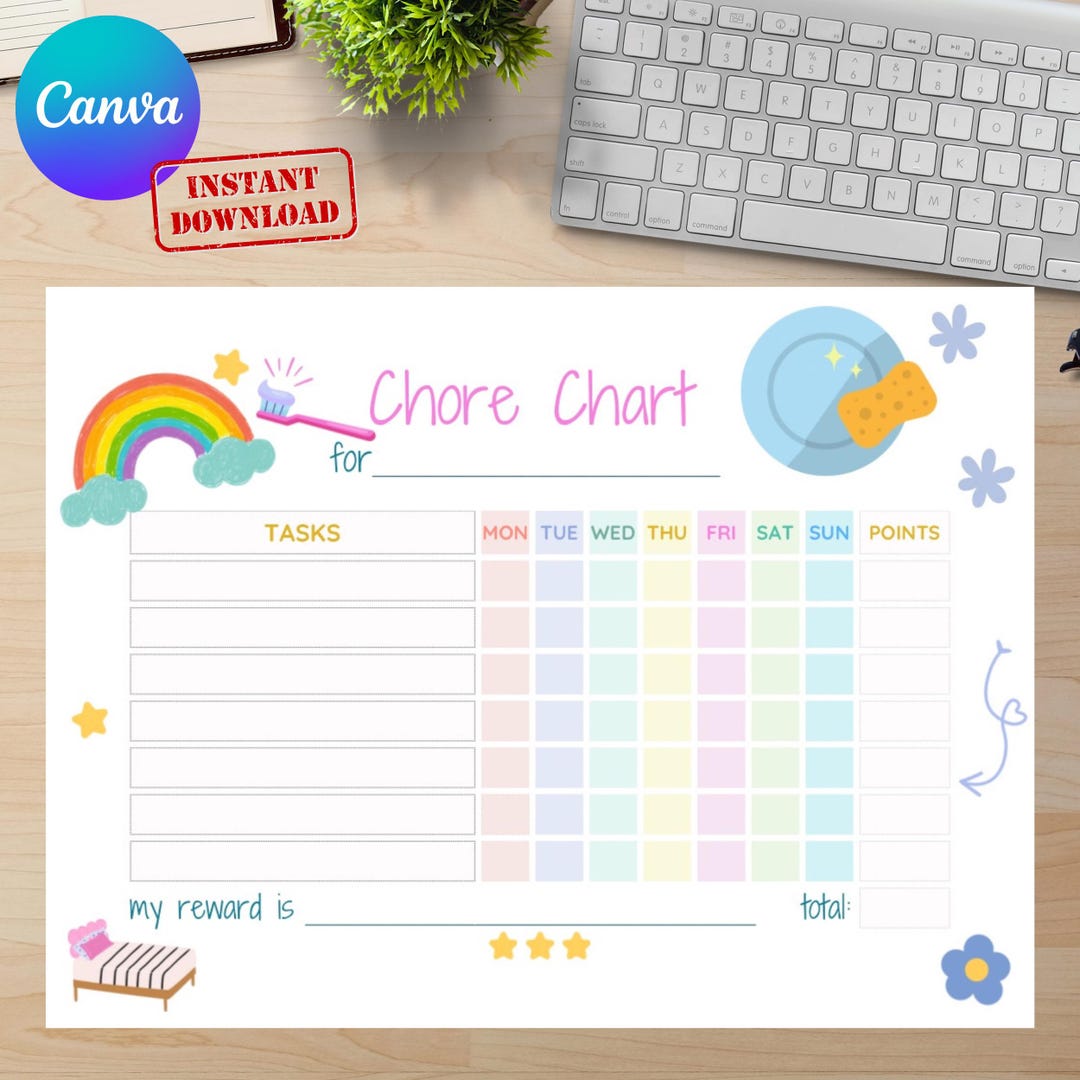 Chore Chart | Little Girls Chore Chart | Digital Download | Editable ...