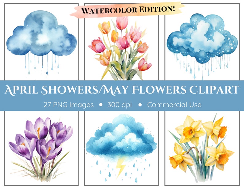 April Showers Bring May Flowers Clipart Pack - Transparent Background ...