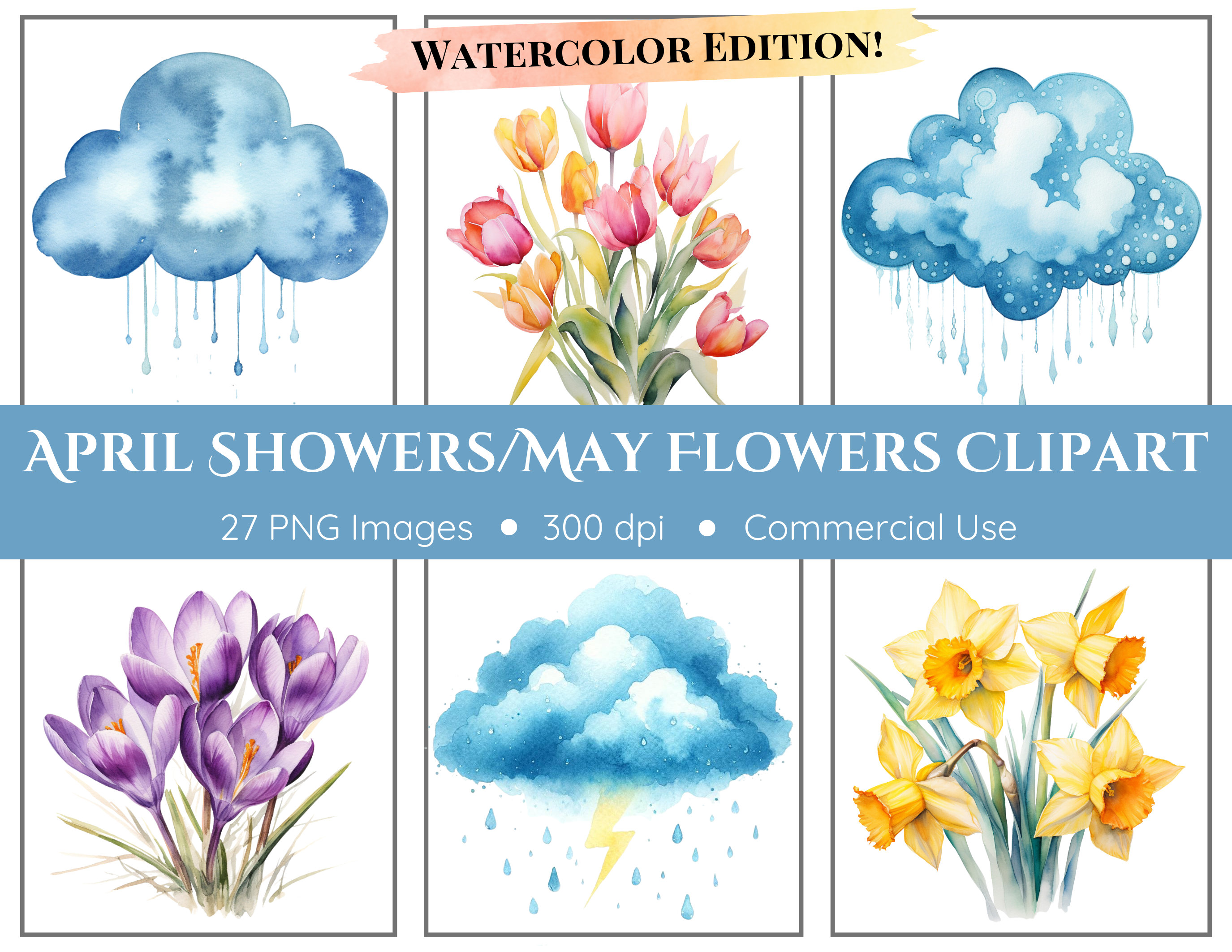 April Showers Bring May Flowers Clipart Pack Transparent Background Watercolor Clipart, Clouds ...