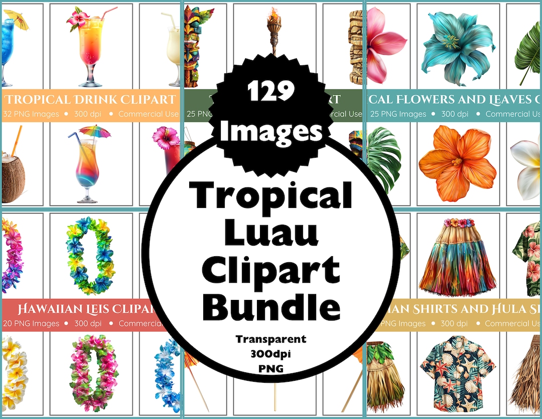 Tropical Luau Clipart Bundle | 129 Pngs | Tropical Drinks and Umbrellas ...