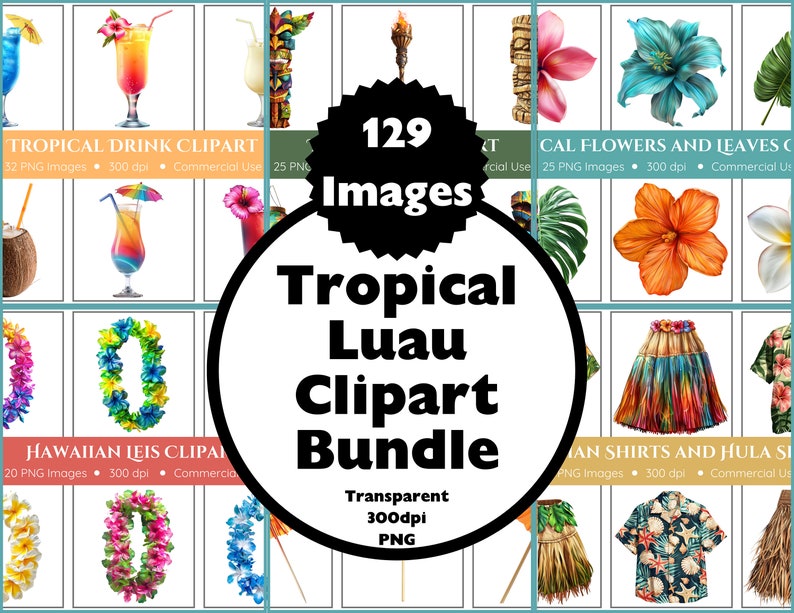 Tropical Luau Clipart Bundle | 129 Pngs | Tropical Drinks and Umbrellas ...