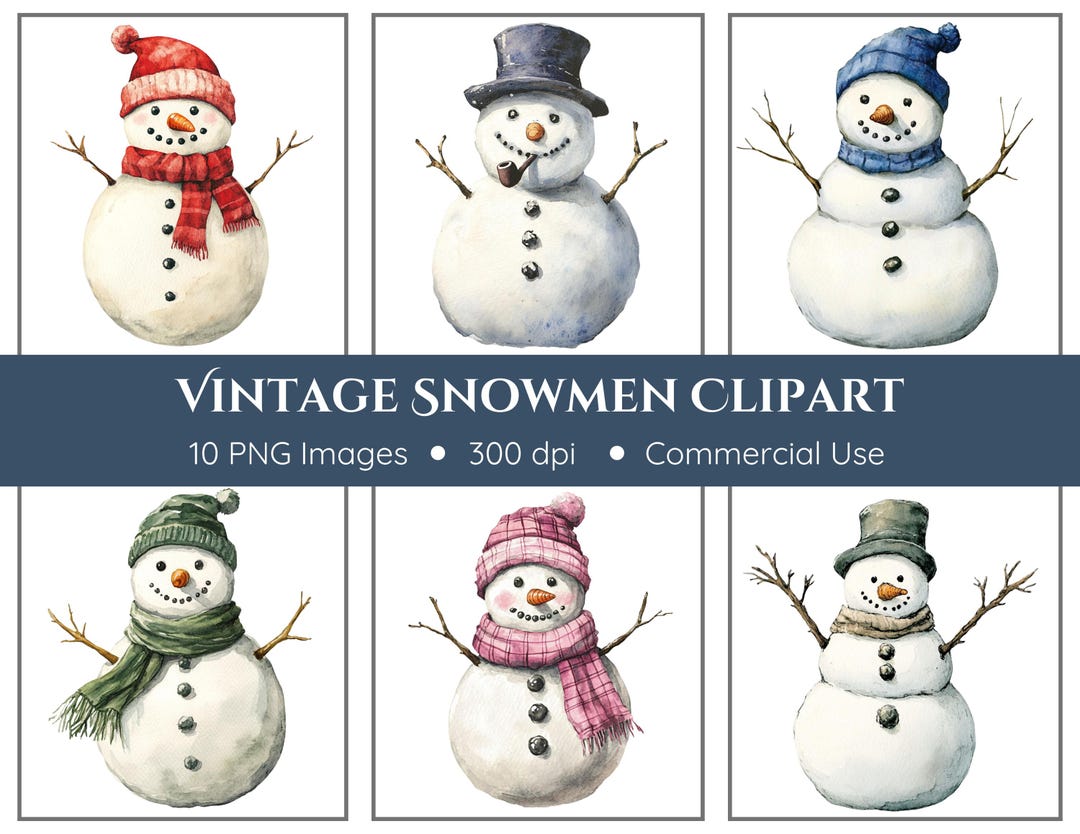 Vintage Snowman Clipart | 10 Pngs | Watercolor Snowman | Winter Clipart ...