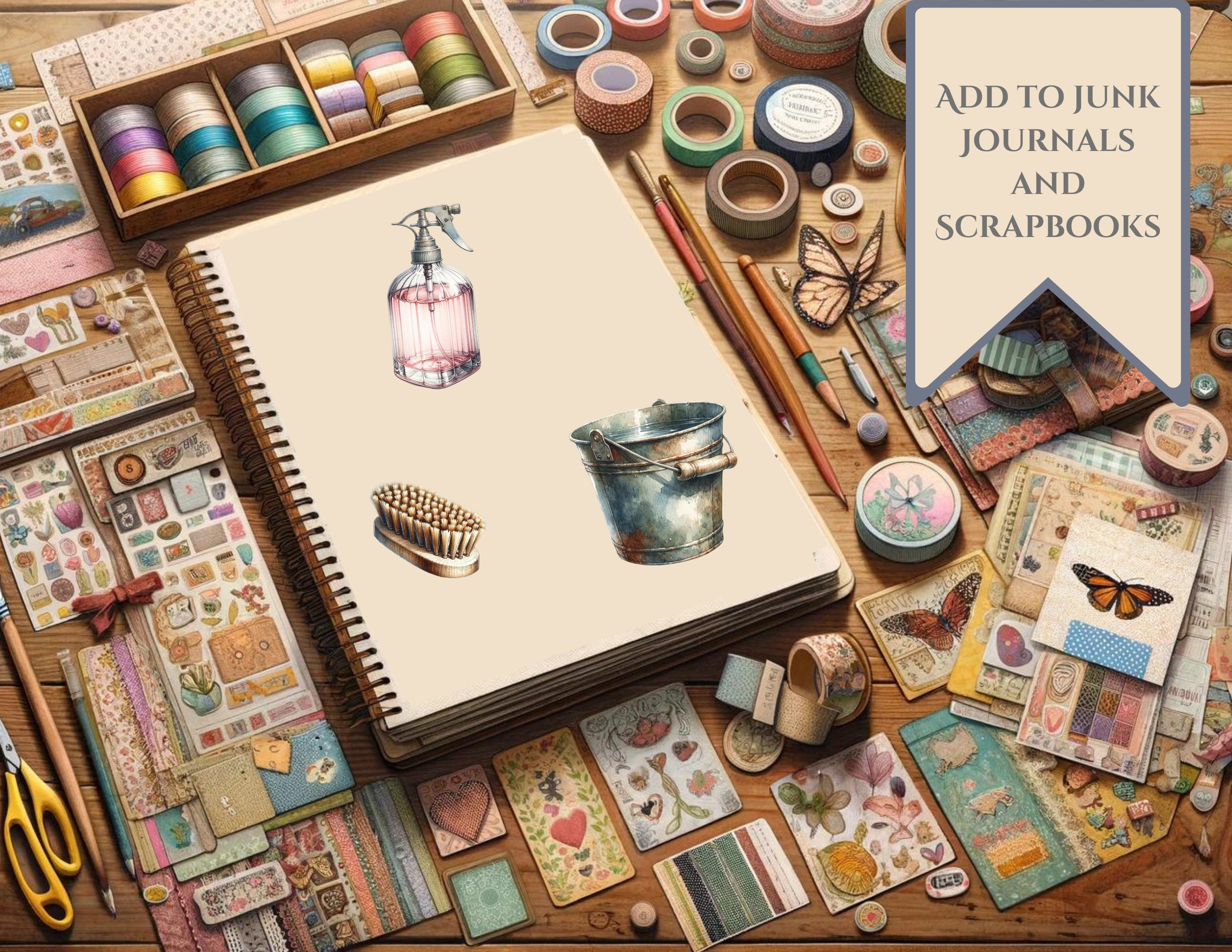 Vintage Spring Cleaning Clipart Pack Transparent Background Watercolor ...