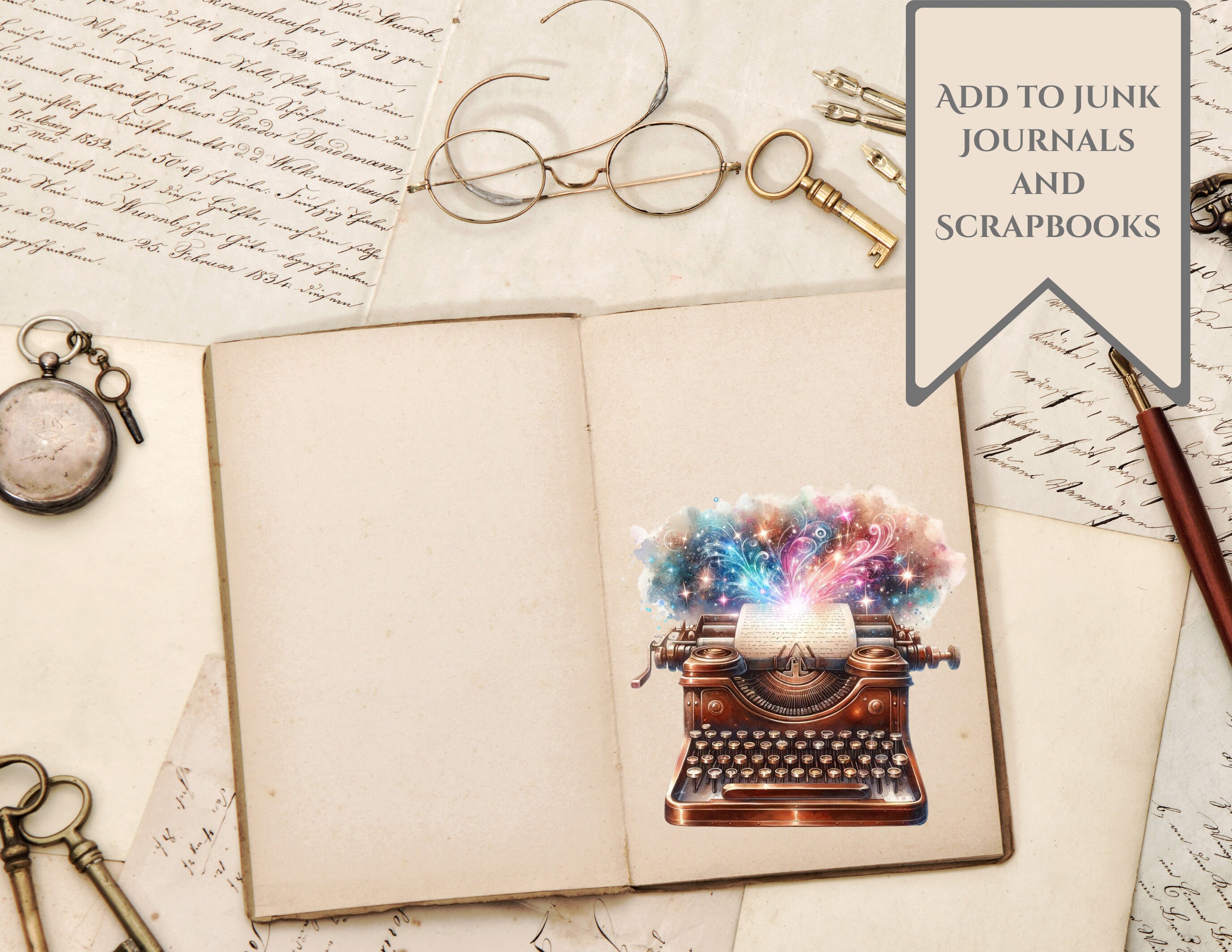 Magic Typewriter Clipart Pack Transparent Background Writing Journal ...