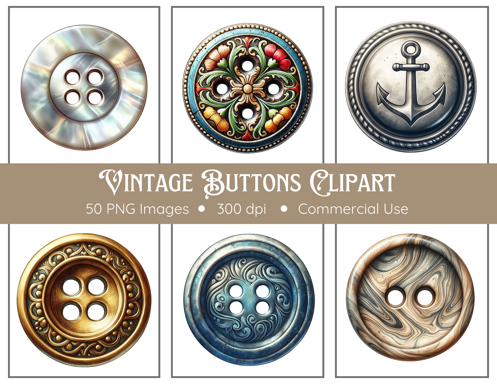 Vintage Buttons Clipart | 50 Pngs | Sewing Clip Art | Junk Journal ...