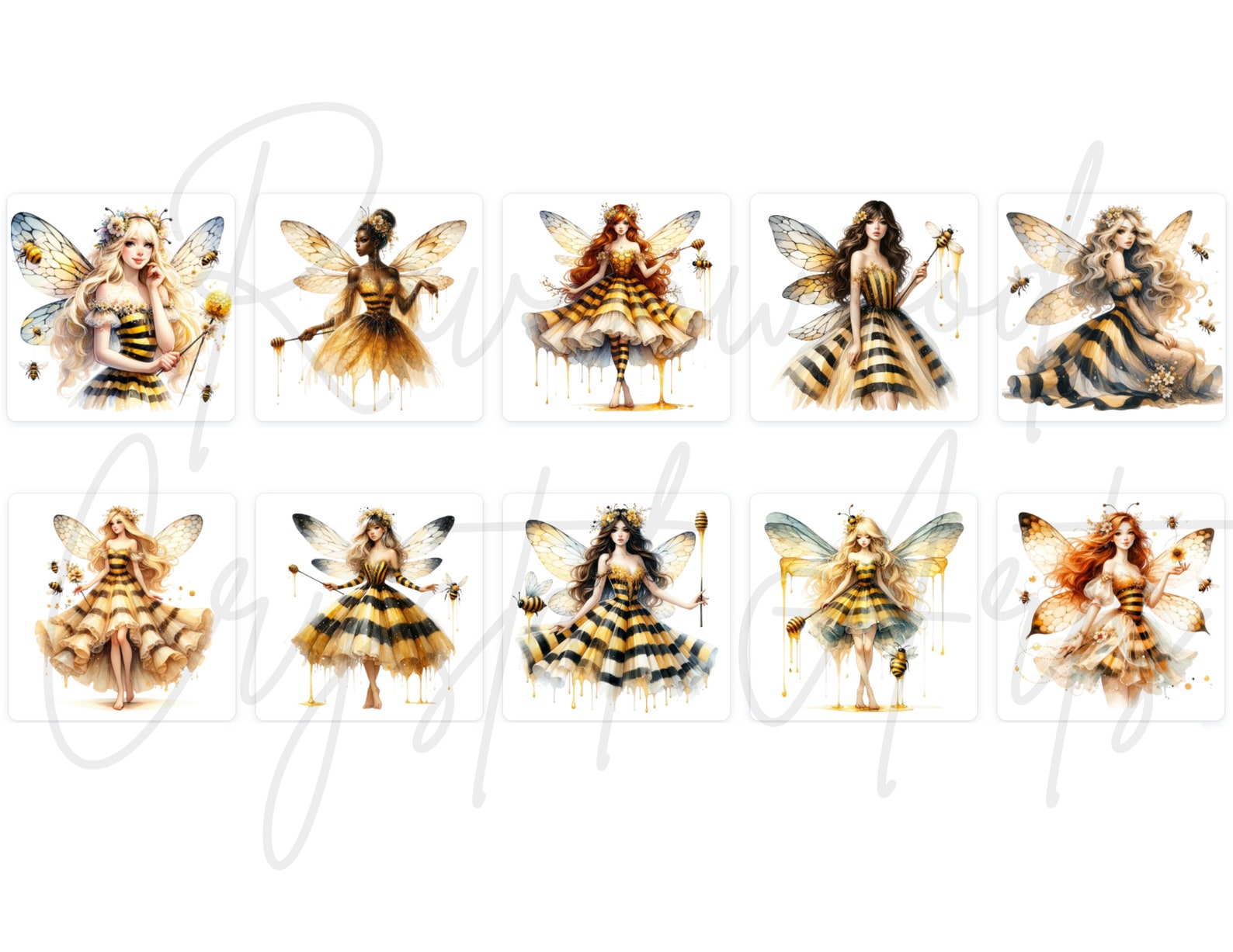 Honeybee Fairies Clipart Pack - Transparent Background - Watercolor ...