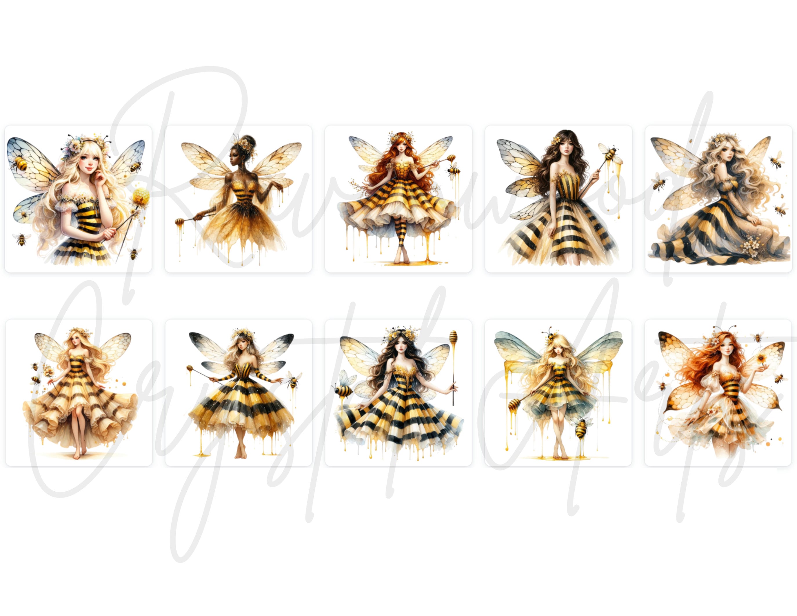 Honeybee Fairies Clipart Pack Transparent Background Watercolor Fairies ...