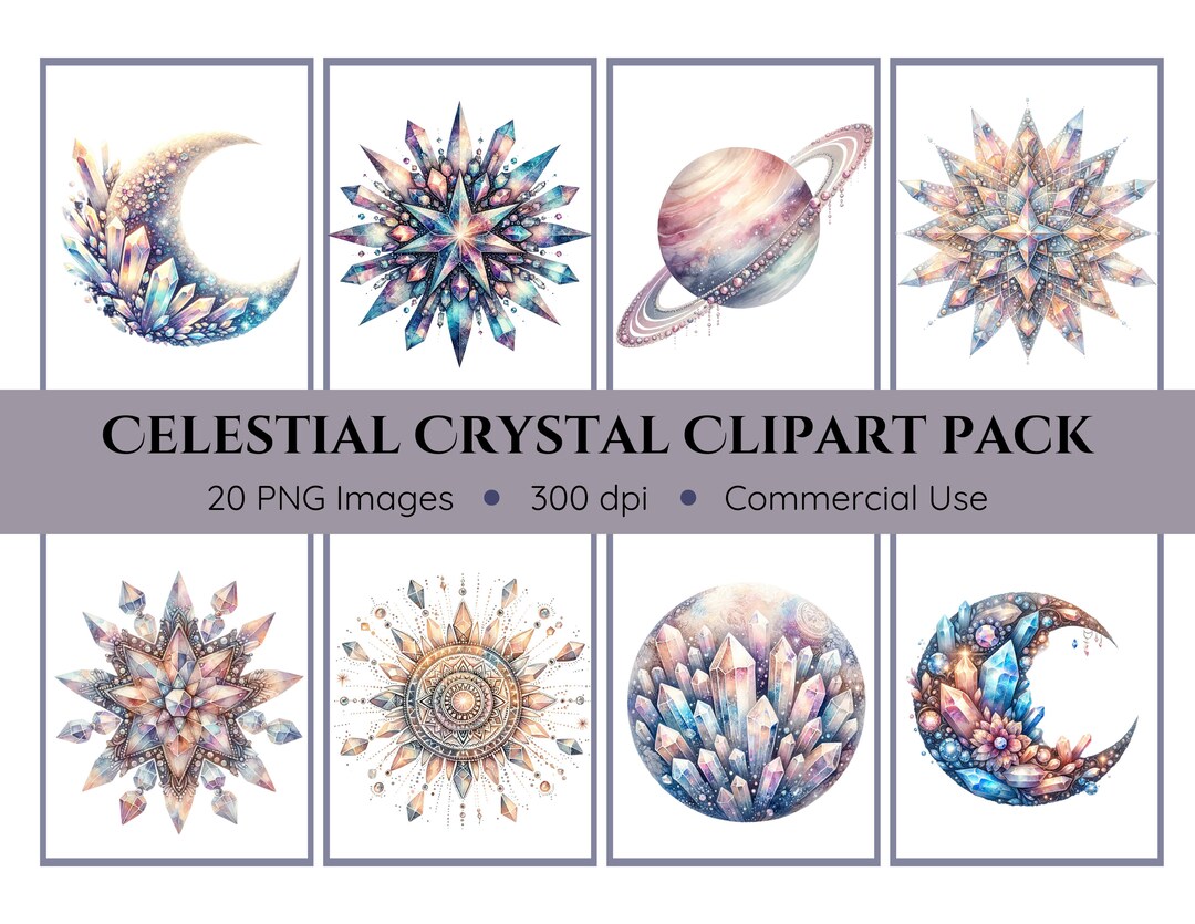 Boho Celestial Crystal Clipart Pack - Transparent Background - Suns ...