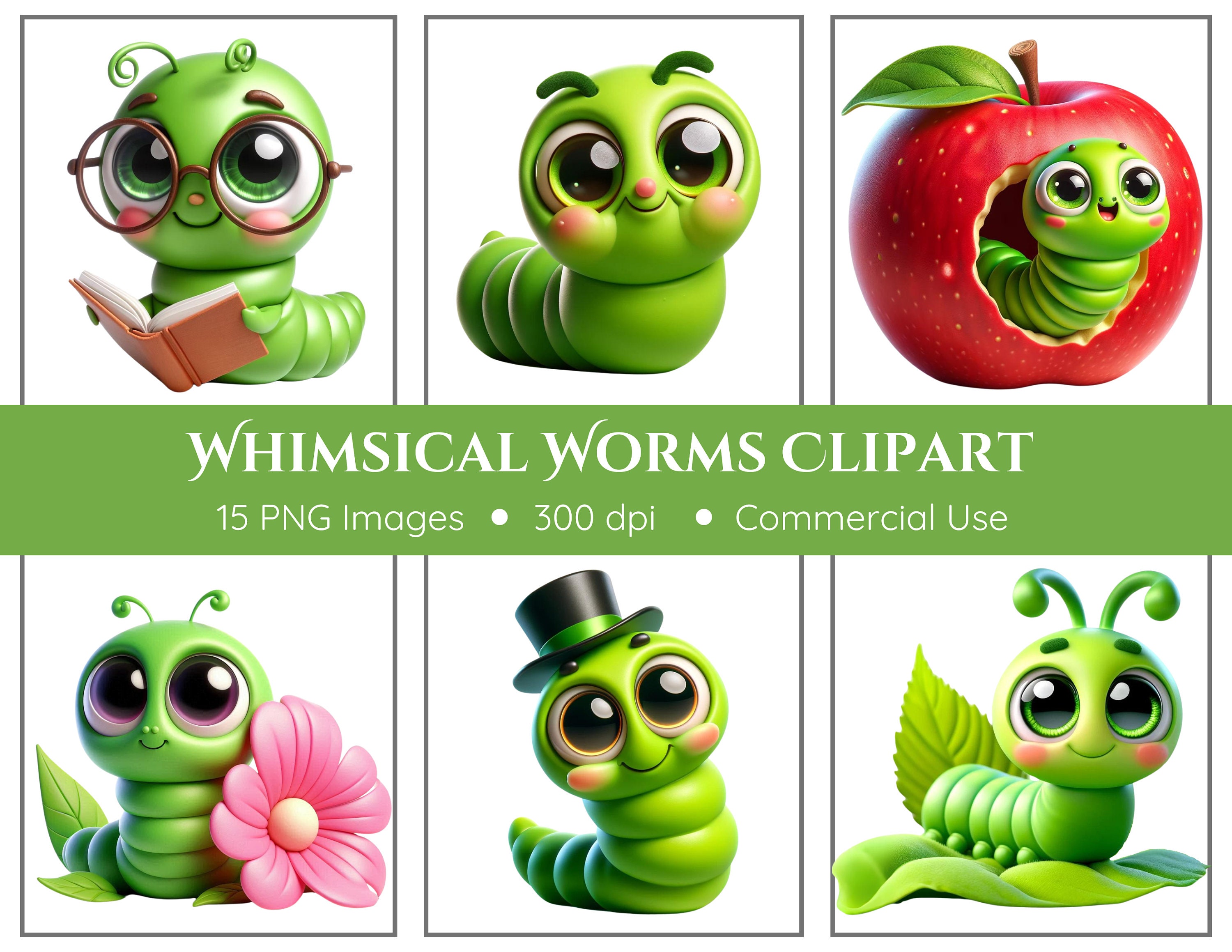 Whimsical Worms Clipart | 15 Pngs | Book Worm Clipart | Apple Worm ...